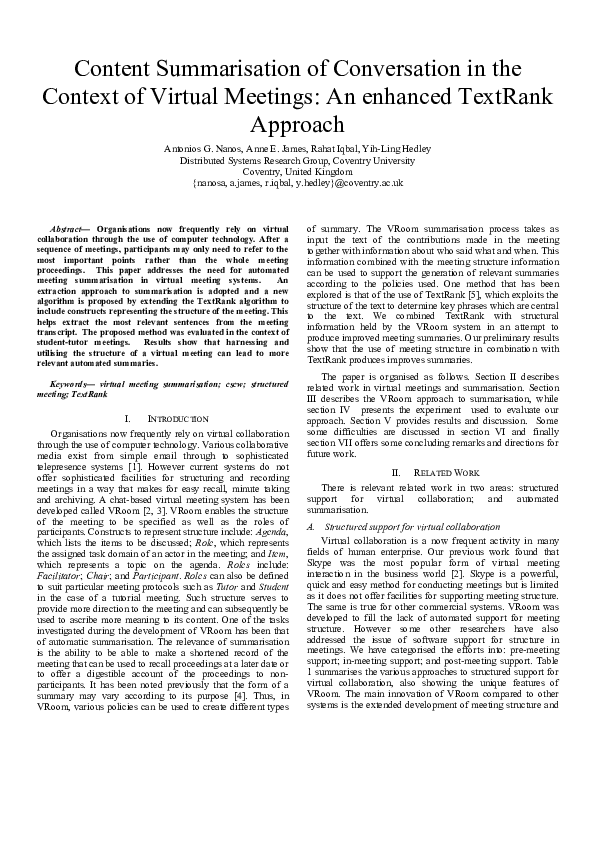 (PDF) Content summarisation of conversation in the context of virtual ...