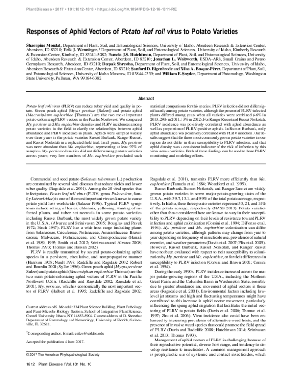 (PDF) Responses of Aphid Vectors of Potato leaf roll virus to Potato ...