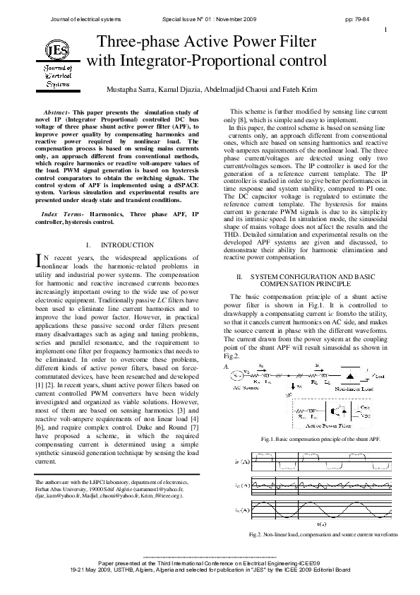 (PDF) Three-phase Active Power Filter with Integrator-Proportional control