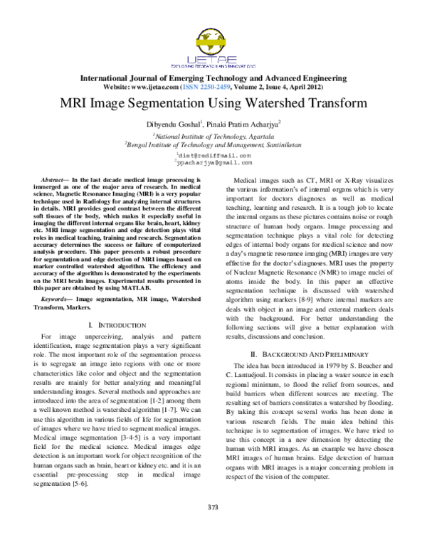 (PDF) MRI Image Segmentation Using Watershed Transform