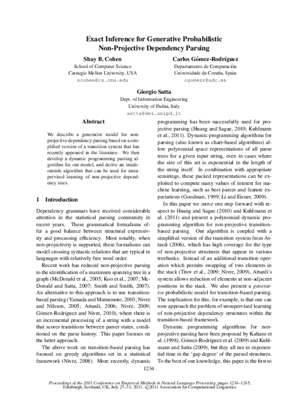 (PDF) Exact Inference for Generative Probabilistic Non-Projective Dependency Parsing