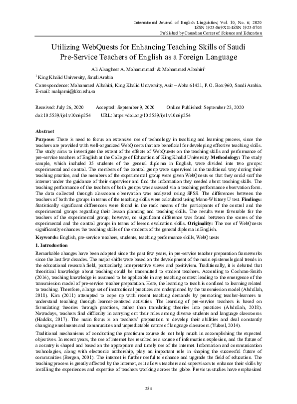 (PDF) Utilizing WebQuests for Enhancing Teaching Skills of Saudi Pre-Service Teachers of English ...