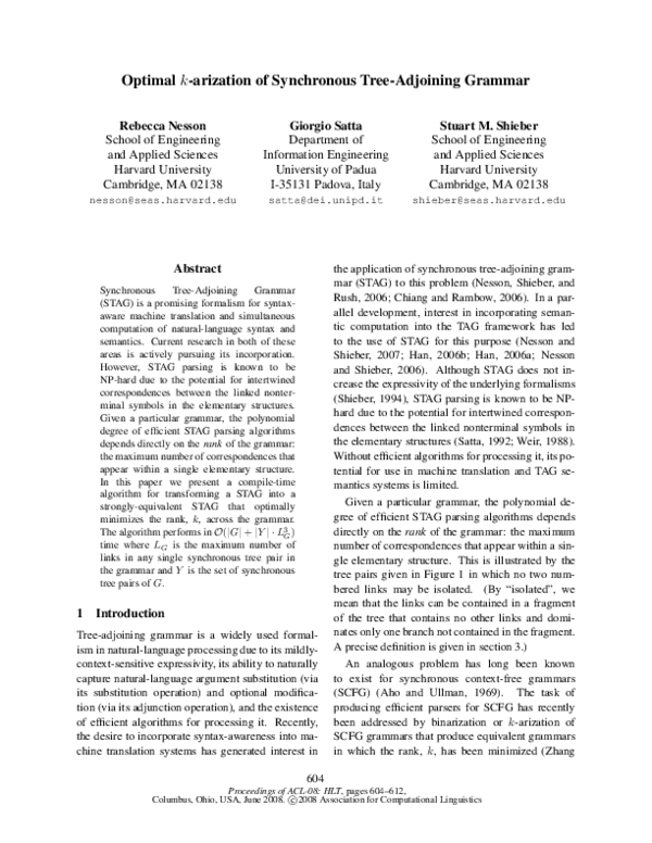 (PDF) Optimal k-arization of Synchronous Tree-Adjoining Grammar