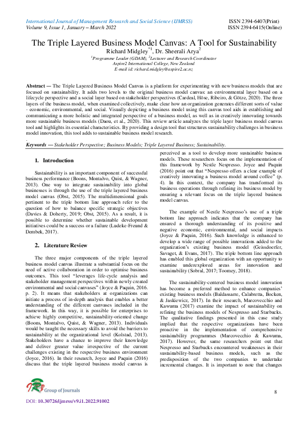 (PDF) The Triple Layered Business Model Canvas: A Tool for Sustainability