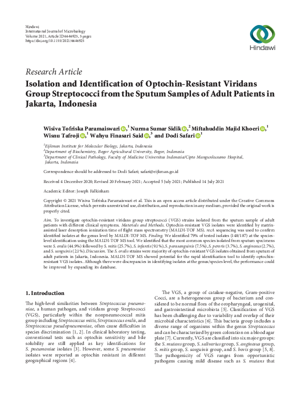 (PDF) Isolation and Identification of Optochin-Resistant Viridans Group ...