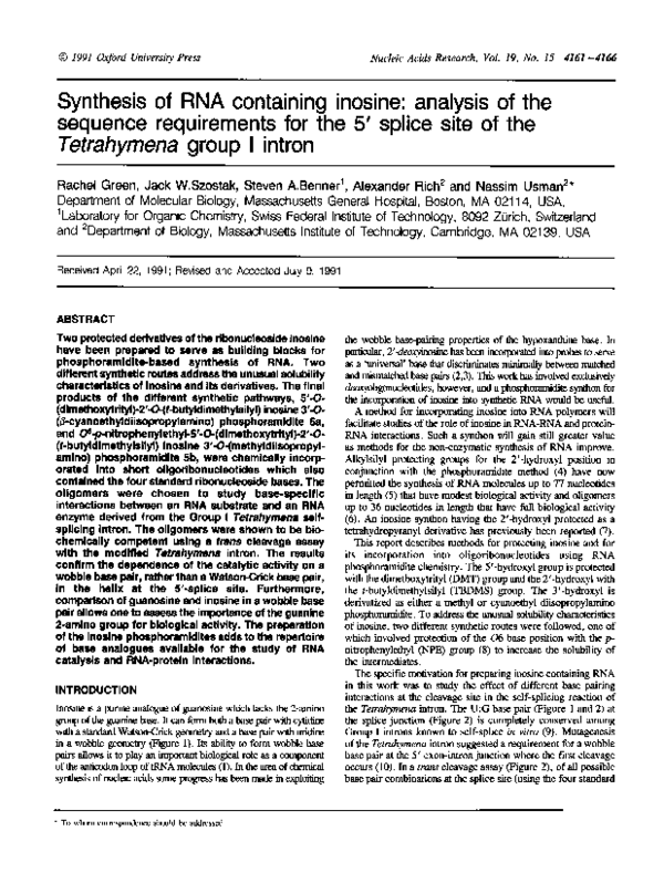 (PDF) Synthesis of RNA containing inosine: analysis of the sequence ...