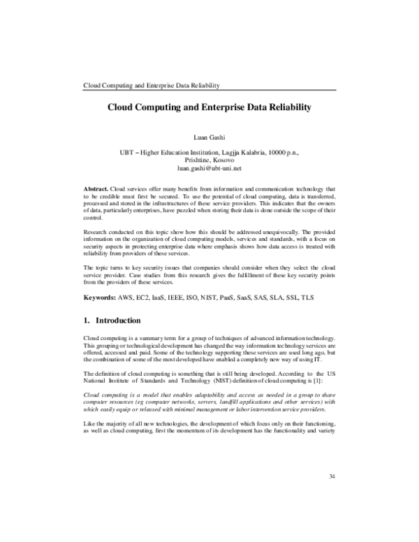 (PDF) Cloud Computing and Enterprise Data Reliability