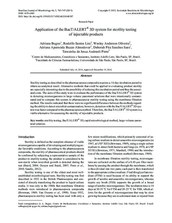 (PDF) Application of the BacT/ALERT R 3D system for sterility testing ...