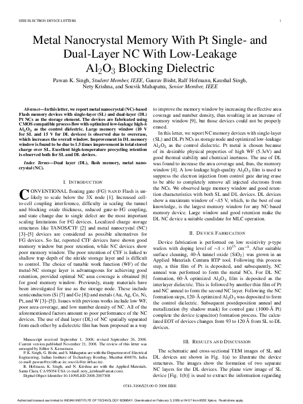 Pdf Ieee Electron Device Letters 1 Metal Nanocrystal Memory With Pt Single And Dual Layer Nc