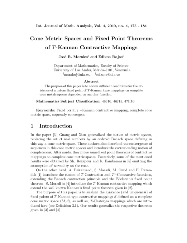 Pdf Cone Metric Spaces And Fixed Point Theorems Of T Kannan Contractive Mappings Int 