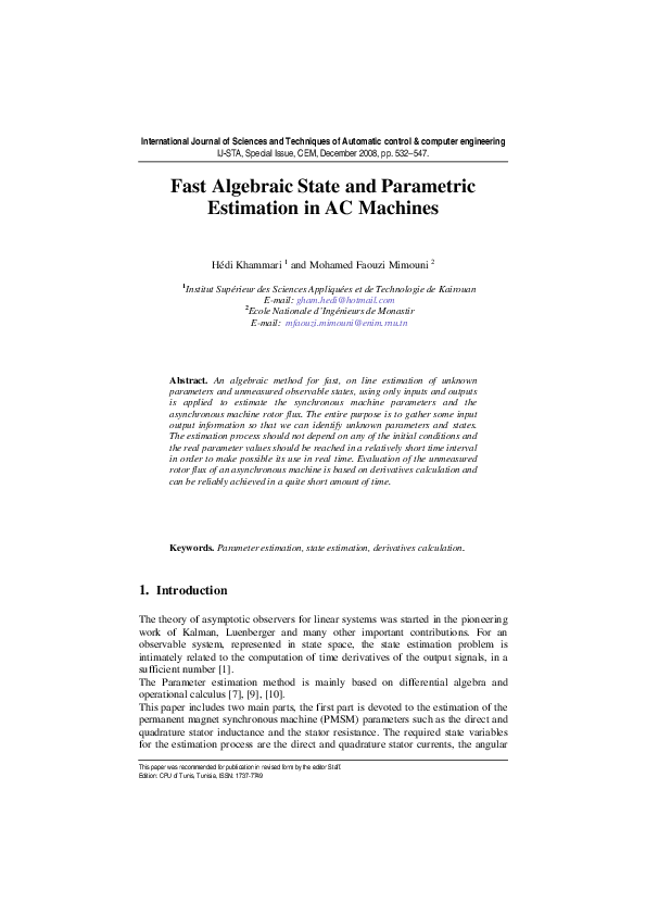 Pdf Fast Algebraic State And Parametric Estimation In Ac Machines