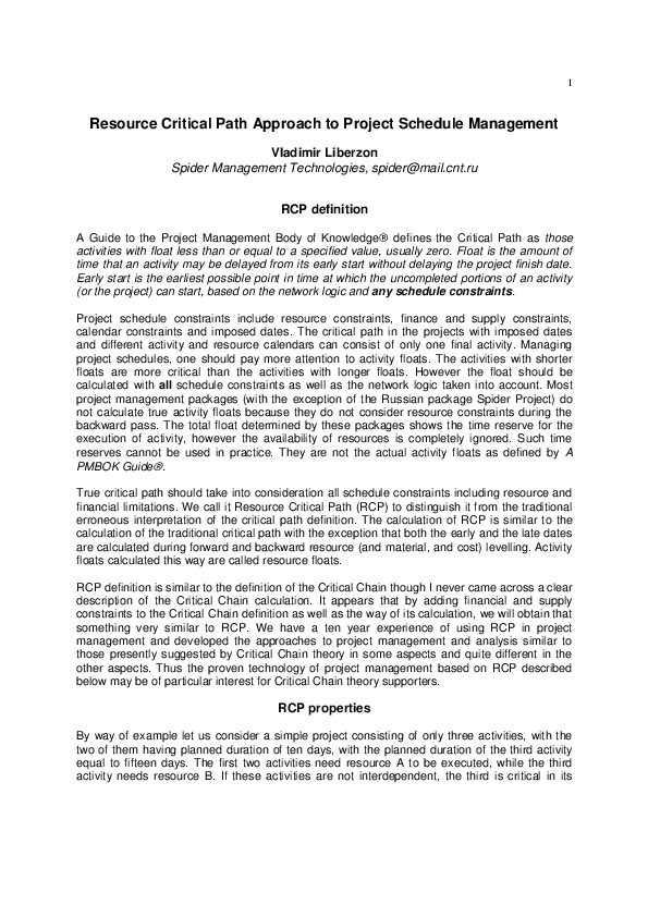 Pdf 1 Resource Critical Path Approach To Project Schedule Management