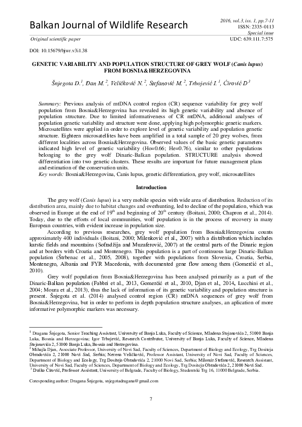 (PDF) GENETIC VARIABILITY AND POPULATION STRUCTURE OF GREY WOLF (Canis ...