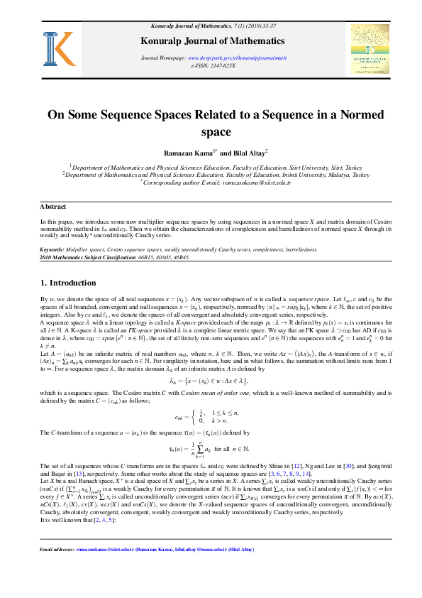 (PDF) On Some Sequence Spaces Related to a Sequence in a Normed space