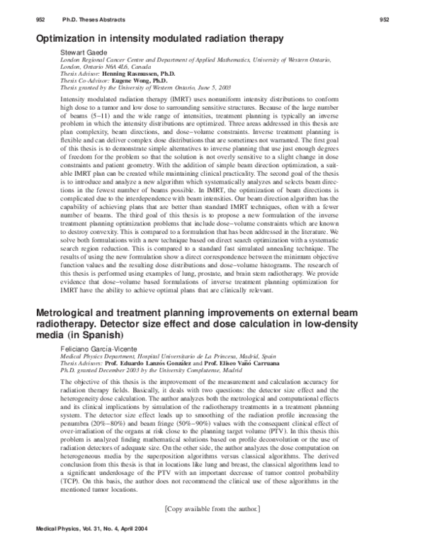 (PDF) Optimization in intensity modulated radiation therapy
