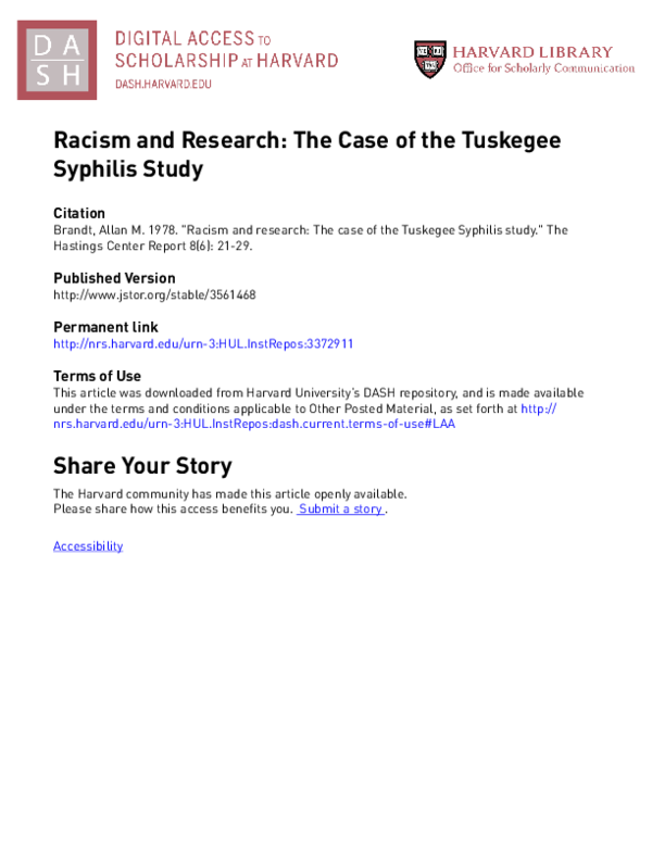(PDF) Racism and Research: The Case of the Tuskegee Syphilis Study