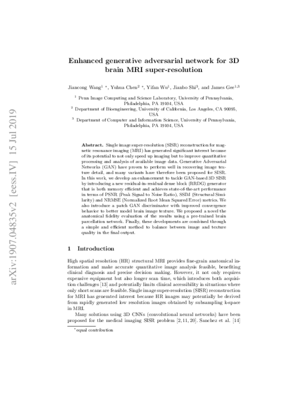 Pdf Enhanced Generative Adversarial Network For 3d Brain Mri Super