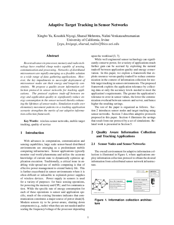 (PDF) Adaptive target tracking in sensor networks | Nalini Venkatasubramanian - Academia.edu