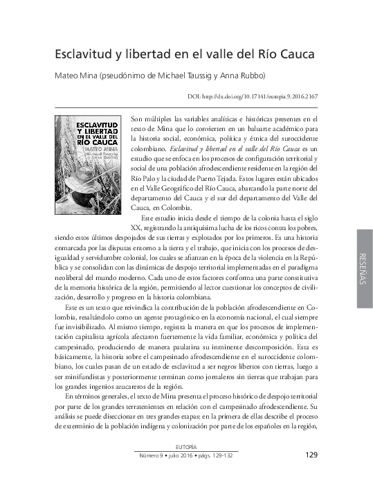 (PDF) Esclavitud y libertad en el valle del Río Cauca. Mateo Mina ...