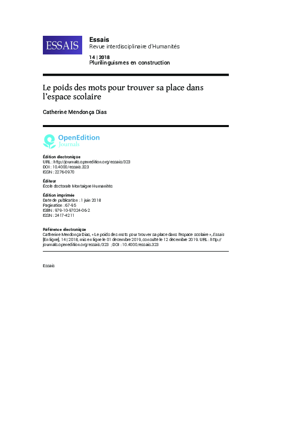 (PDF) Le poids des mots pour trouver sa place dans l’espace scolaire ...
