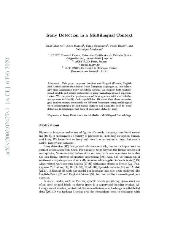 (PDF) Irony Detection in a Multilingual Context