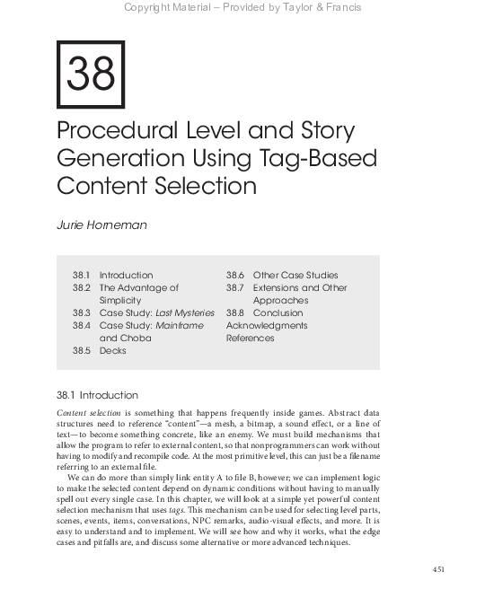 Pdf Procedural Level And Story Generation Using Tag Based Content Selection