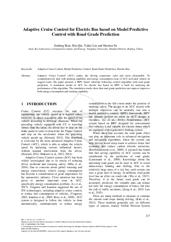 (PDF) Adaptive Cruise Control for Electric Bus based on Model Predictive Control with Road Grade ...