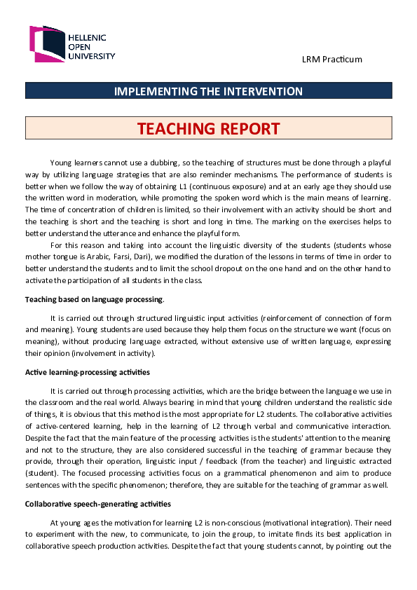 (DOC) Teaching report Assignment KALEMIS 503599 LRM