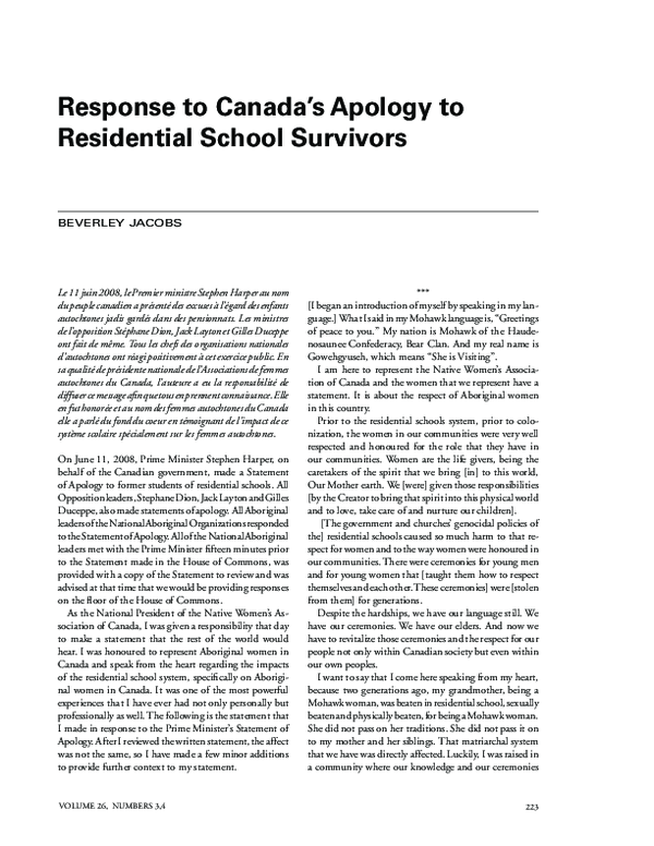 (PDF) Response to Canada's Apology to Residential School Survivors