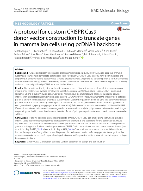 (PDF) A protocol for custom CRISPR Cas9 donor vector construction to ...