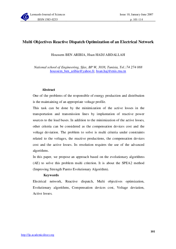 (PDF) Multi Objectives Reactive Dispatch Optimization of an Electrical Network