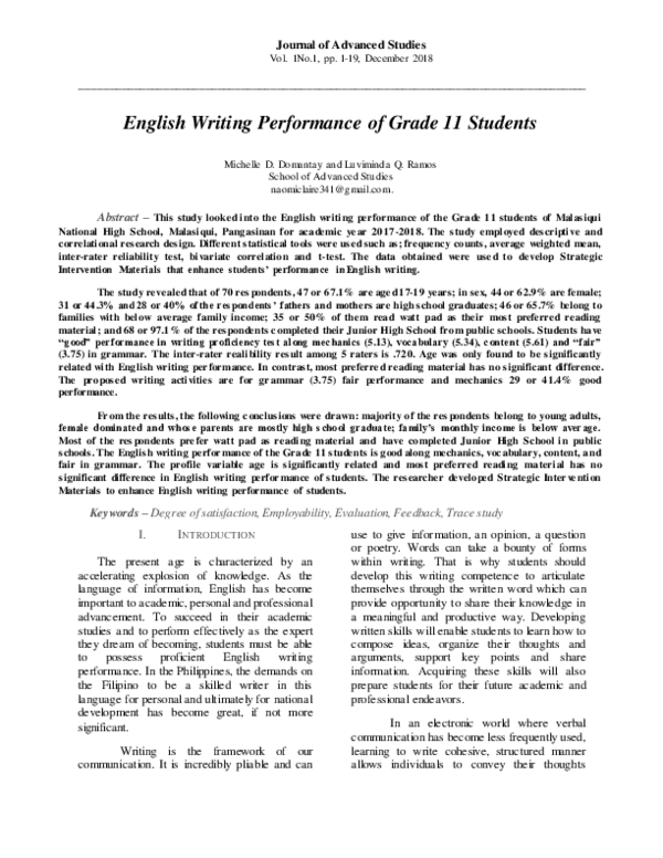 (PDF) English Writing Performance of Grade 11 Students