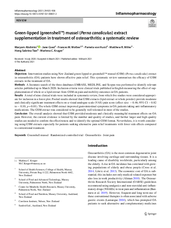 (PDF) Green-lipped (greenshell™) mussel (Perna canaliculus) extract ...