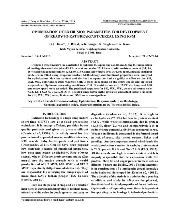 Pdf Optimization Of Extrusion Parameters For Development Of Ready To
