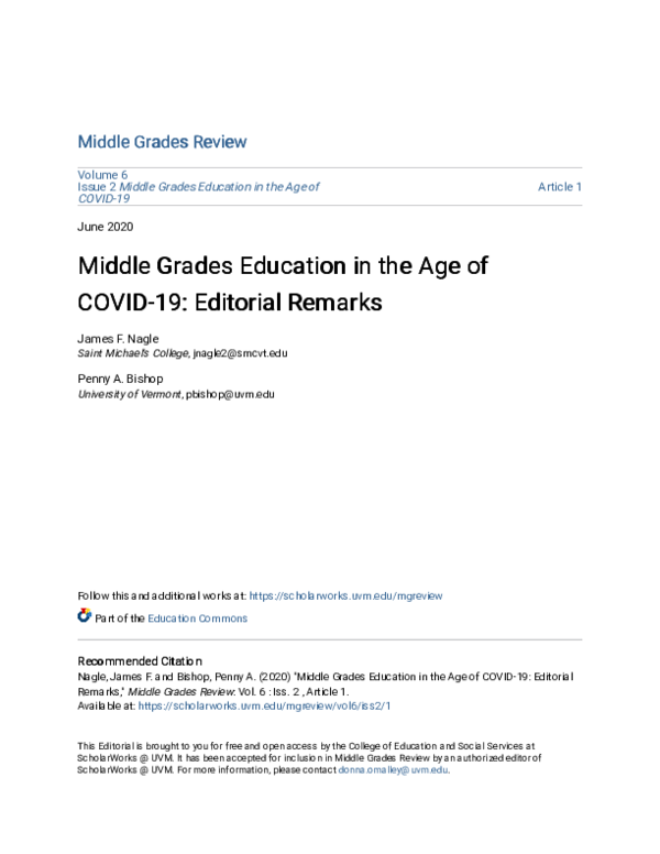 (PDF) Middle Grades Education in the Age of COVID-19: Editorial Remarks