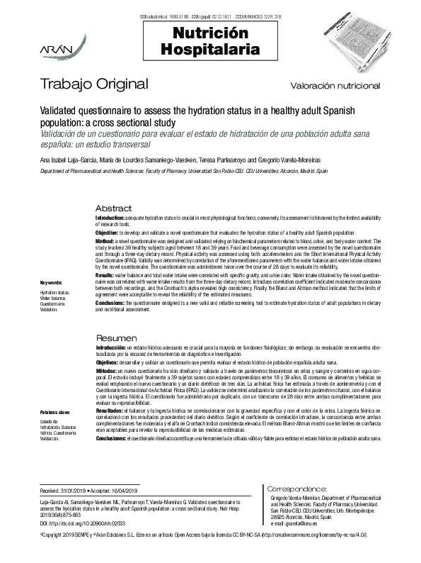 (PDF) Validated questionnaire to assess the hydration status in a ...