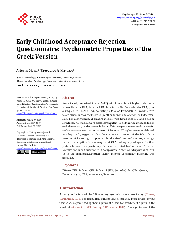 (PDF) Early Childhood Acceptance Rejection Questionnaire: Psychometric Properties of the Greek ...
