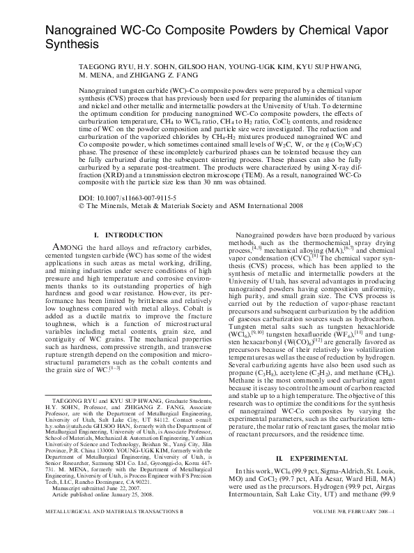 (PDF) Nano-grained WC-Co composite powders by the chemical vapor synthesis