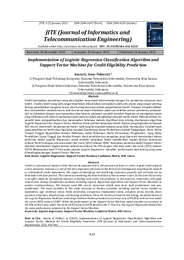 (PDF) Implementation of Logistic Regression Classification Algorithm and Support Vector Machine ...