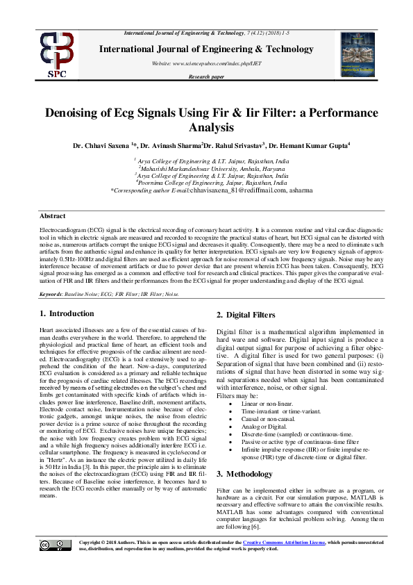 (PDF) Denoising of Ecg Signals Using Fir & Iir Filter: a Performance ...
