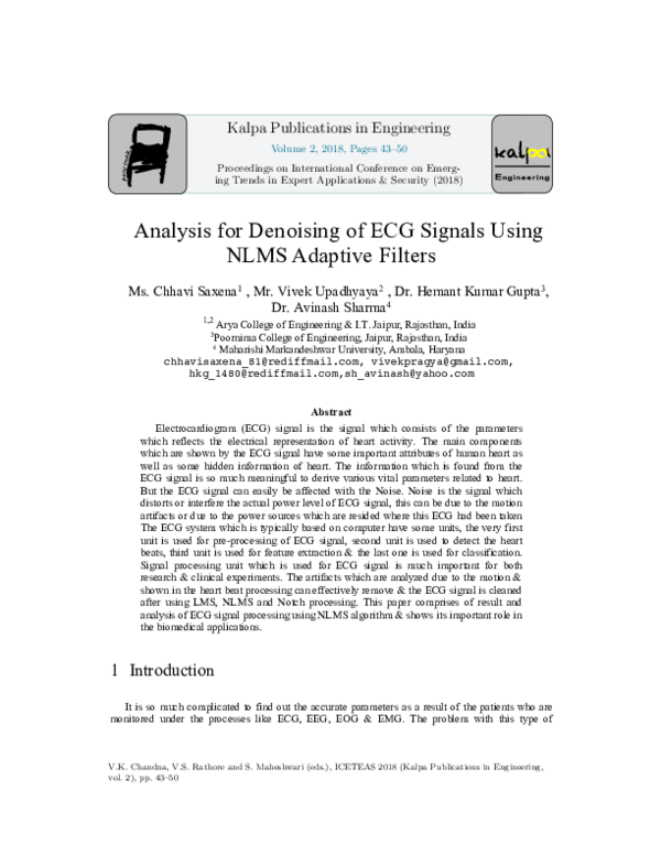 Pdf Analysis For Denoising Of Ecg Signals Using Nlms Adaptive Filters