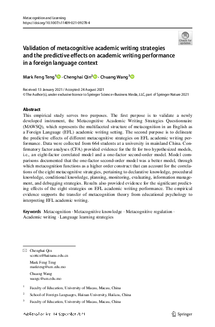 Pdf Validation Of Metacognitive Academic Writing Strategies And The Predictive Effects On