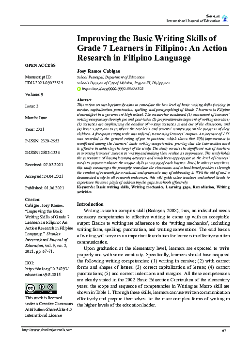 (PDF) Improving the Basic Writing Skills of Grade 7 Learners in ...