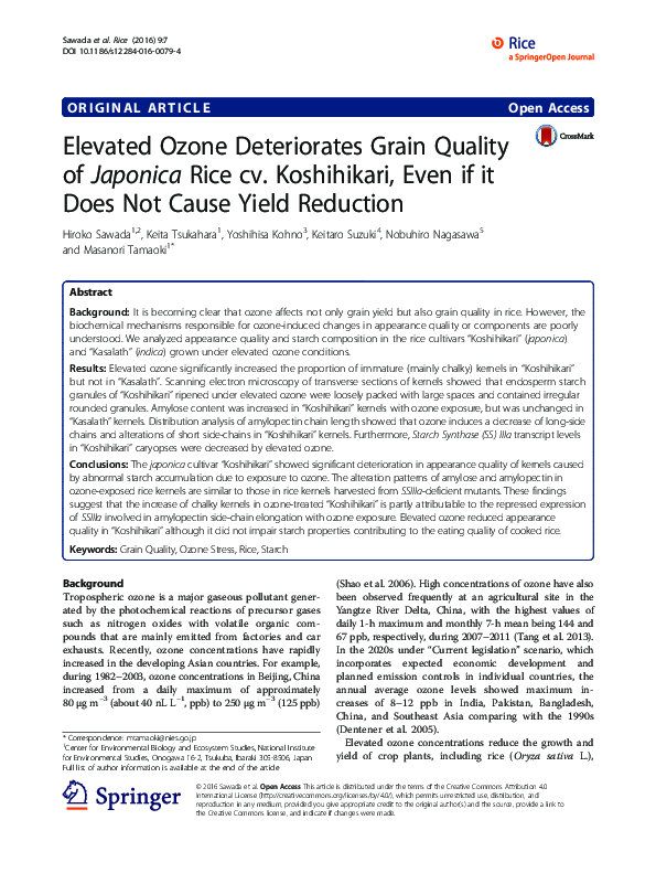 (PDF) Elevated Ozone Deteriorates Grain Quality of Japonica Rice cv ...