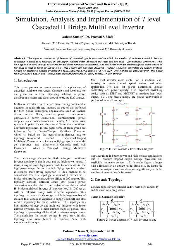 (PDF) Simulation , Analysis and Implementation of 7 level Cascaded H Bridge MultiLevel Inverter