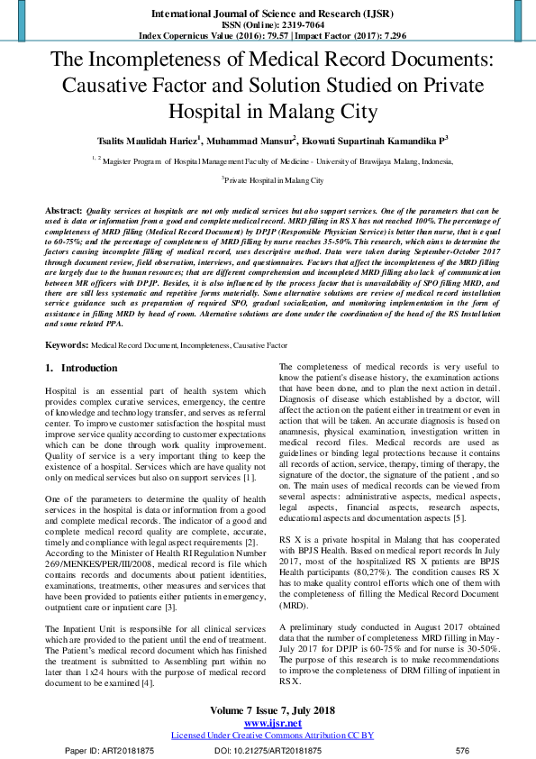 (PDF) The Incompleteness of Medical Record Documents : Causative Factor ...