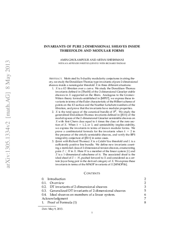 (PDF) Invariants of pure 2-dimensional sheaves inside threefolds and modular forms | Artan ...