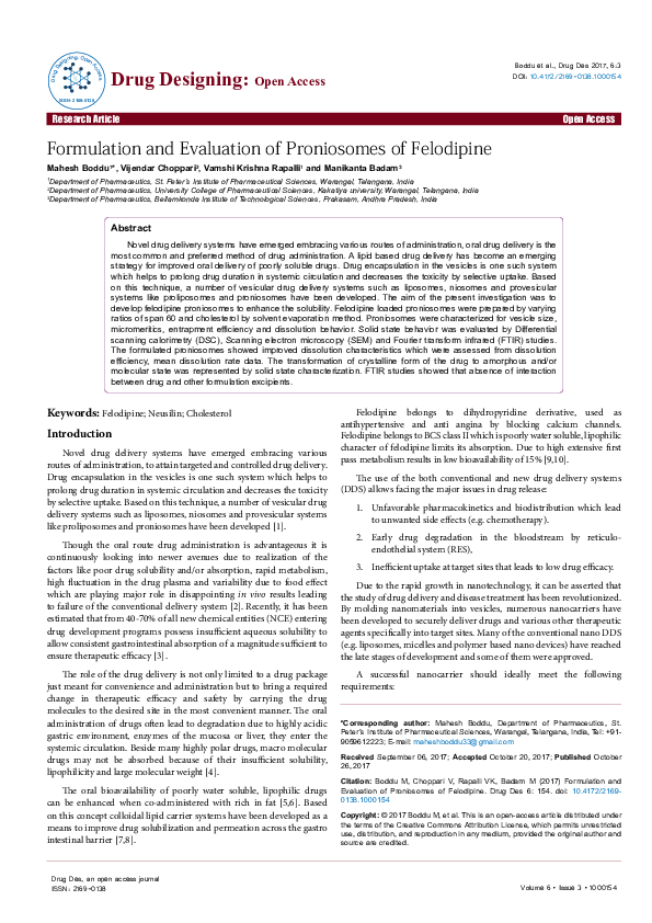Pdf Formulation And Evaluation Of Proniosomes Of Felodipine