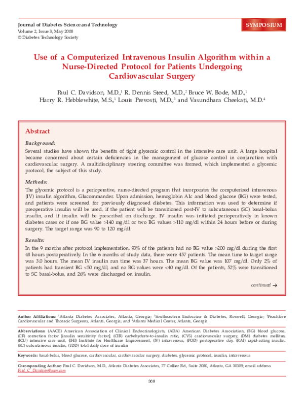 Pdf Use Of A Computerized Intravenous Insulin Algorithm Within A Nurse Directed Protocol For