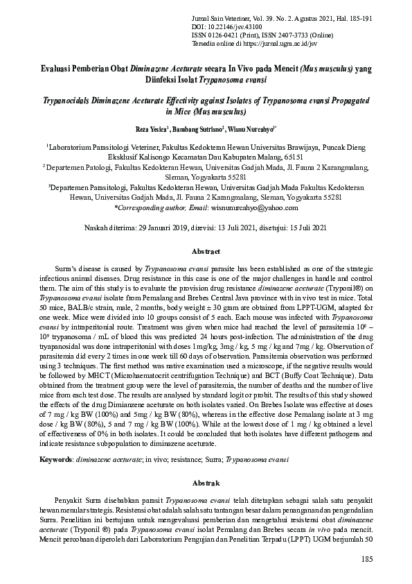 (PDF) Evaluasi Pemberian Obat Diminazene Aceturate Secara In Vivo Pada ...